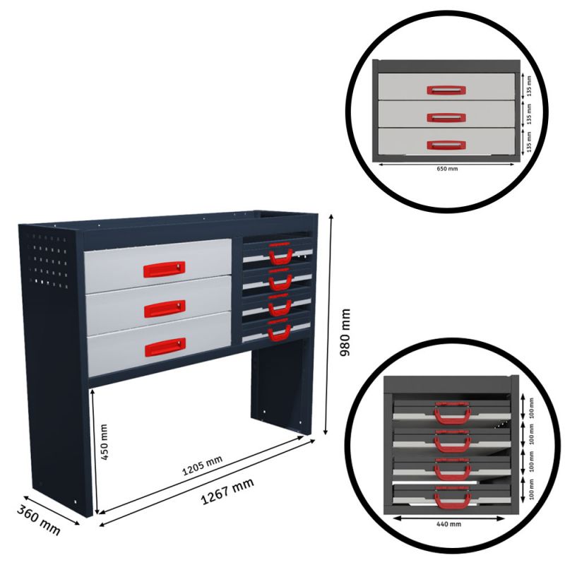 Aménagement utilitaire complet avec tiroirs et mallettes